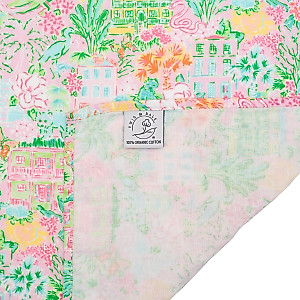 TWIG & BALE Colorful Pink Baby Blanket - 47" x 43" - Organic Cotton Muslin - Southern Preppy Charleston with Row Houses, Dolphin, Alligator, Birds, Floral Print Girl Baby Swaddle Blanket