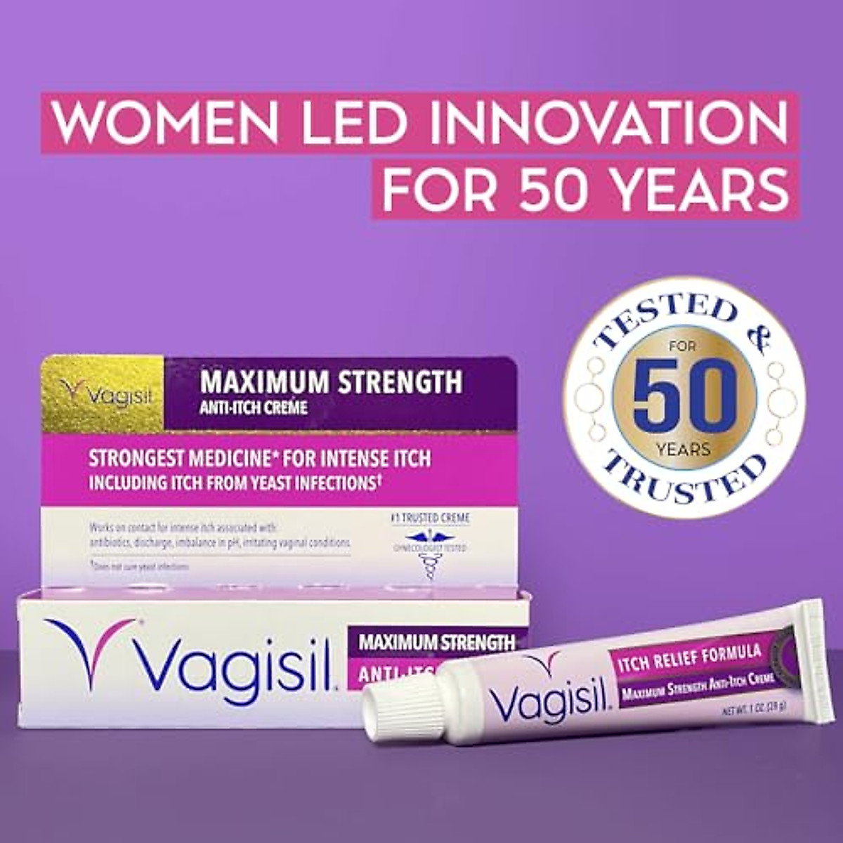 Vagisil Maximum Strength Feminine Anti-Itch Cream with Benzocaine for Women, Helps Relieve Yeast Infection Irritation, Gynecologist Tested, Fast-acting, Soothes and Cools Skin, 1 oz