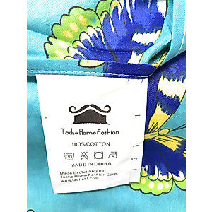 Tache Floral Colorful Aqua Blue Duvet Cover - Butterfly Wonderland - Luxurious Cotton Reversible Duvet Cover with Zipper Closure and Security Ties/Ribbons - 3 Piece Set - King