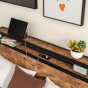 HOJINLINERO Full Size Bed Frame with Storage Headboard/USB Charging Station,Metal Platform Bed Frame Full Size No Box Spring Needed,Noise-Free,Strong Steel Slats Support,Rustic Brown