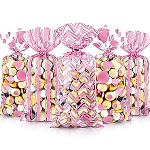 105 PCS Baby Shower Cellophane Treat Bags, Gender Reveal Candy Bag Polka Dot Stripes Printed Plastic Goodie Favor Bags with 100 Silver Twist Ties for Christmas Birthday Party Decor(Light Pink)