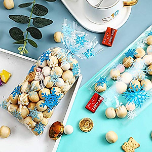 Christmas Cellophane Bags Winter Snowflake Holiday Treat Bags Blue Plastic Candy Goodie Bags with Twist Ties for Winter Xmas Wonderland Birthday Holiday Party Favors (200 Counts)