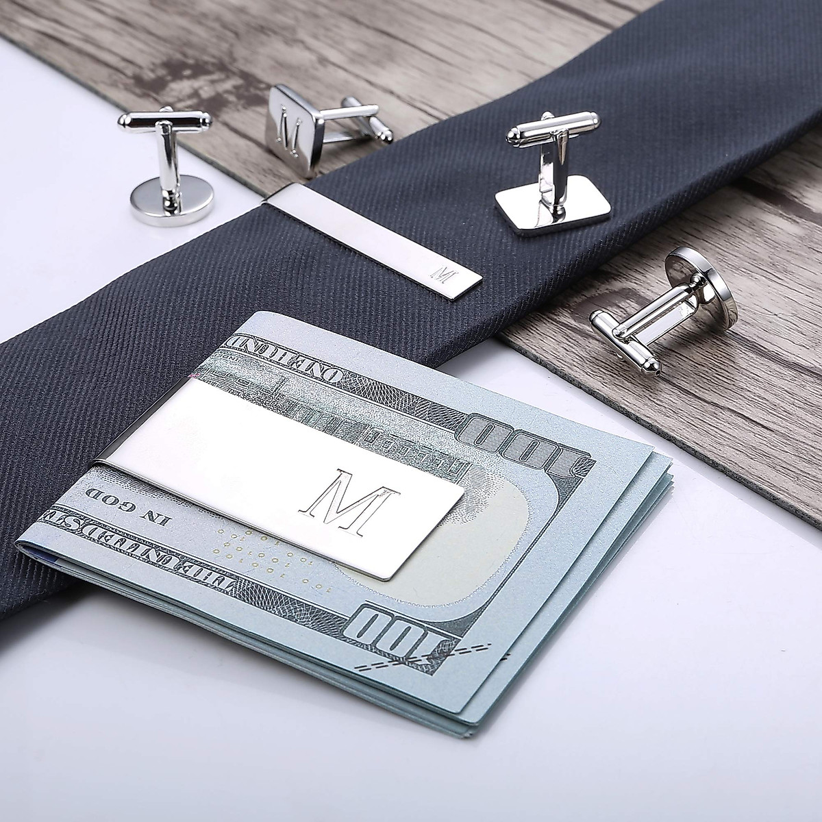 JOERICA 6 PCS Engraved Initial Cufflinks Tie Bar Money Clip Set Shirt Alphabet Letter Wallet Tie Clip and Cufflink Set