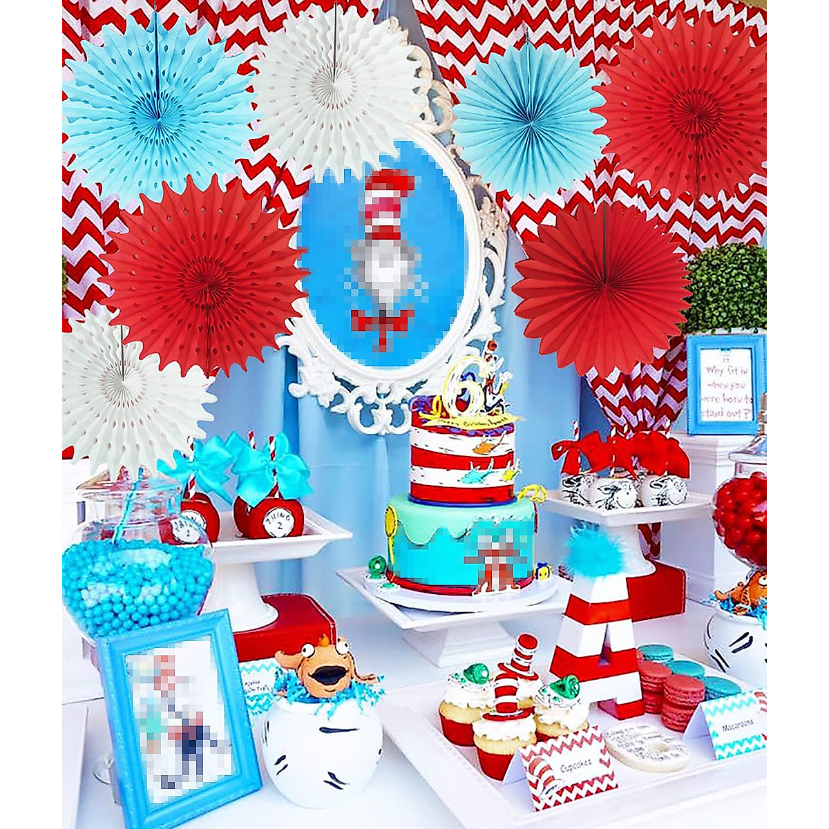 Dr Seuss Cat in The Hat Birthday Decorations Thing 1 and Thing 2 Decorations/Cat in The Hat Baby Shower Decorations/Turquoise Red Tissue Paper Fans for Circus Carnival Birthday Party Decorations