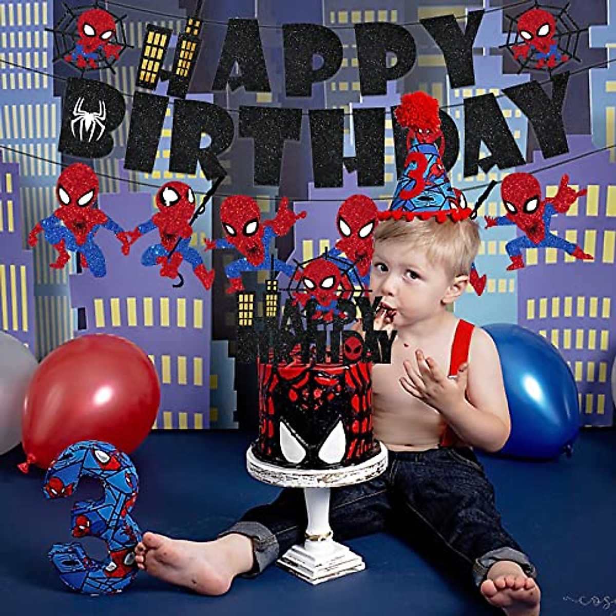 Glittery Spider Hero Birthday Party Banner and Cake Topper Decorations,Red Black Spider Hero Theme Party Decorations Supplies for Kids