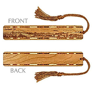 Portland Oregon Skyline Engraved Wooden Bookmark with Tassel - Made in USA - Also Available Personalized