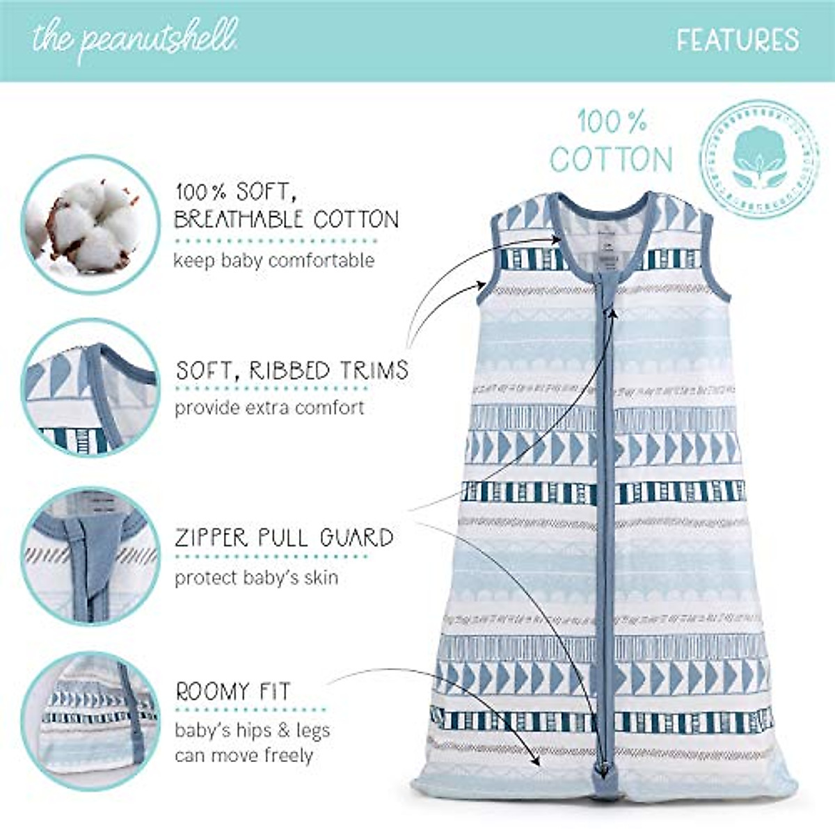 The Peanutshell Wearable Blanket Sleep Sack for Baby Boys or Girls, Blue Rhino & Tribal Stripe, Sizes up to 12 Months (Medium/Large)