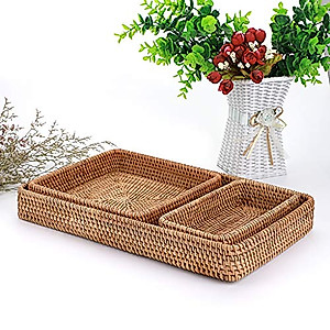 Hipiwe Large Rattan Serving Tray, Handwoven Wicker Basket Organizer Tray, Rectangle Tabletop Breakfast Drinks Snack Fruit Storage Platter Tray for Dining, Coffee, Home Decor (Set of 3)