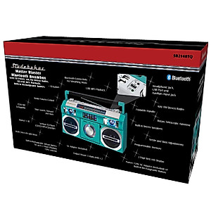 Studebaker Vintage Aqua Turquoise 80's Retro Street Bluetooth Wireless Streaming Boombox Rechargeable Battery, CD/MP3 Player, AM/FM, USB, Multi Color LED EQ, Full-Range High Bass Speakers & AC/DC -