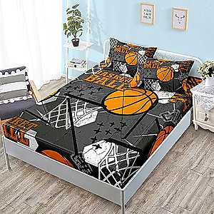 BailiPromise Basketball Sports Microfiber Flat Fitted Sheets Set for Children Graffiti Style Soft Bed Sheets Basketball Frames Kids Sheets Set Twin Size 1 Fitted Sheet, 1 Flat Sheet, 2 Pillow Cases