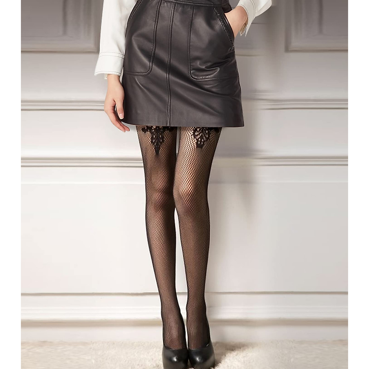 Chalier 4 Pairs Fishnet Stockings Tights Suspender Sexy Pantyhose Lace thigh high stockings for Women (Dull Black)