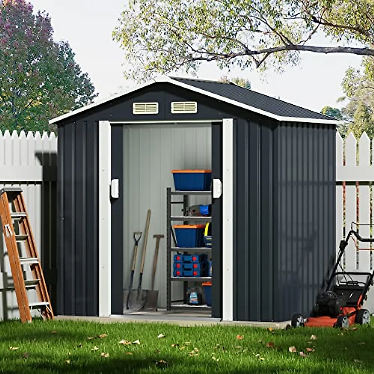 HOGYME 7' x 4.2' Metal Outdoor Storage Shed, Galvanized Steel Garden Shed & Outdoor Storage Suitable for Lawn Mower Bike, Backyard Tool Shed with Lockable/Sliding Door and Stable Base, 4 Vents, Gray