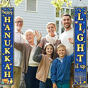 Happy Hanukkah Banner Hanukkah & Chanukah Decorations Porch Hanging Blue Welcome Sign for Home Holiday Party Outdoor Decor