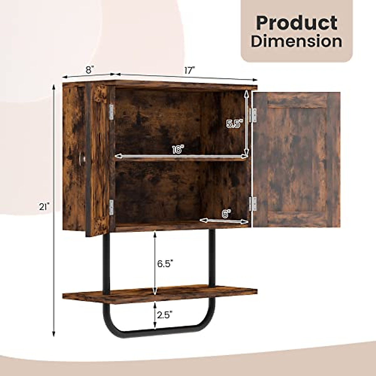 LOKO Bathroom Wall Cabinet, Space Saver Medicine Cabinet with 2 Doors, Storage Shelves & Towel Bar, Wall Mounted Towel Cabinet for Bathroom, Kitchen, Entryway (Rustic Brown)