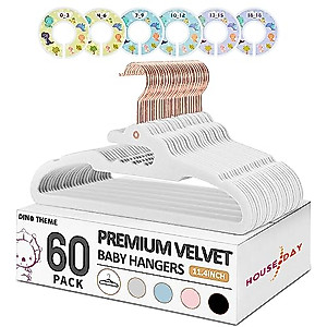 HOUSE DAY Premium Baby Hangers Velvet 60 Pack, Dino 11.4'' Baby Clothes Hangers for Kids +6 Pcs Dividers, Sturdy Children Felt Non Slip Hanger for Nursery on Baby Boys & Girls Closet Organizer - White
