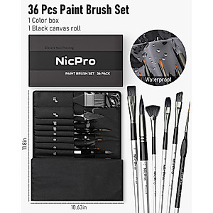 Nicpro 36pcs Paint Brush Set, Professional Paintbrushes with Palette Knife and Cloth Roll, Suitable for Artists and Beginners for Acrylic Painting, Oil, Watercolor, Gouache