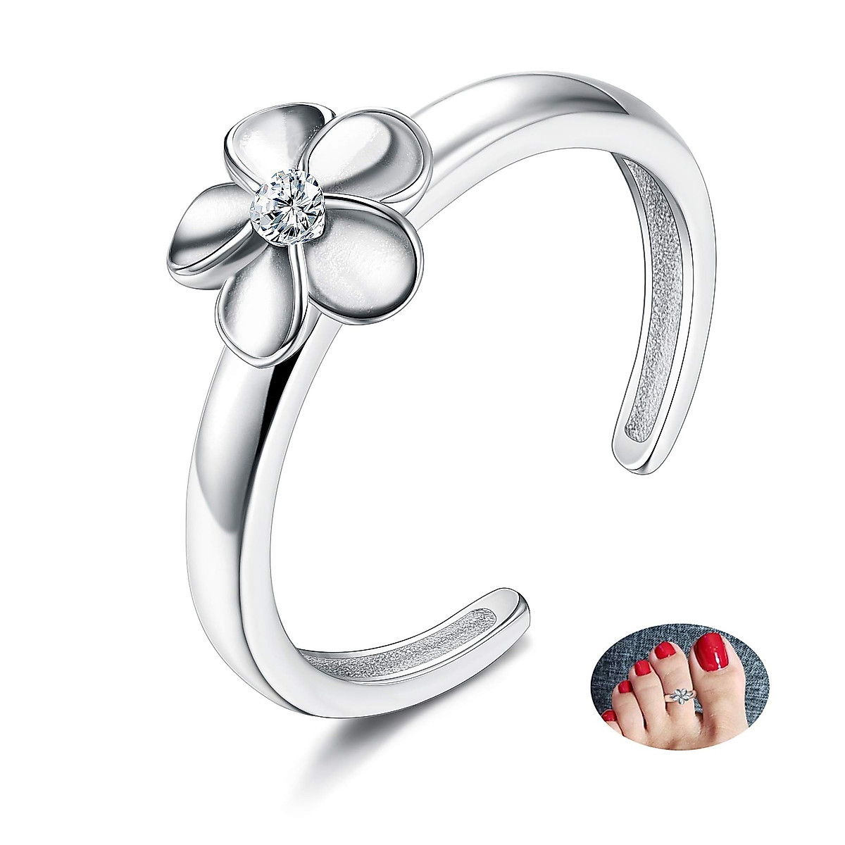 Sllaiss 925 Sterting Silver Open Toe Ring for Women Flower Adjustable Toe Ring Hypoallergenic CZ Rings Simple Open Thin Band Ring Tail Ring Foot Jewelry