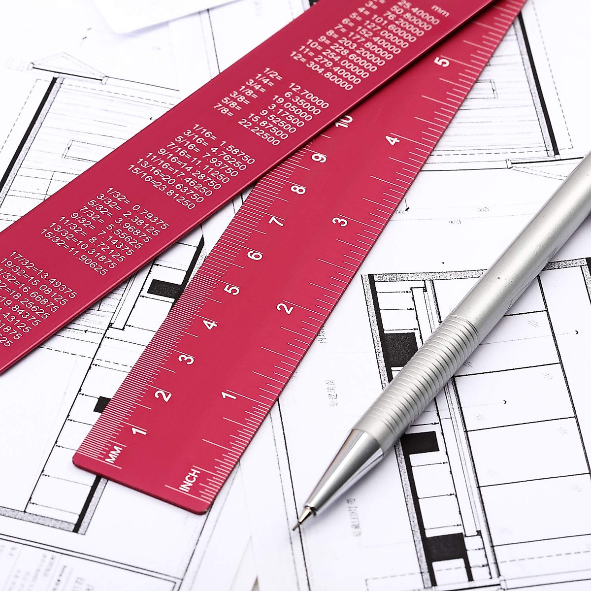 Stainless Steel Ruler and Metal Rule Kit with Conversion Table (Rose Red, 12 Inch, 6 Inch)