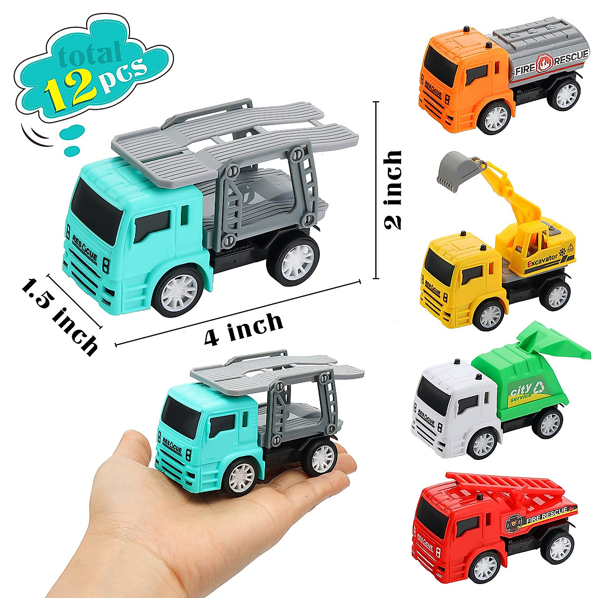 3 otters 12PCS Pull Back Cars, Construction Vehicle Toys for Easter Eggs Hunt, Easter Basket Stuffers Fillers, Easter Kids Party Favor, Easter Classroom Prize Supplies
