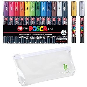 Uni POSCA Paint Marker Pen - Extra Fine Point - Non Alcohol - Odorless Water Resistant Pen Maker - Set of 14 (PC-1M12C & Gold & Silver) with Original Vinyl Pen case