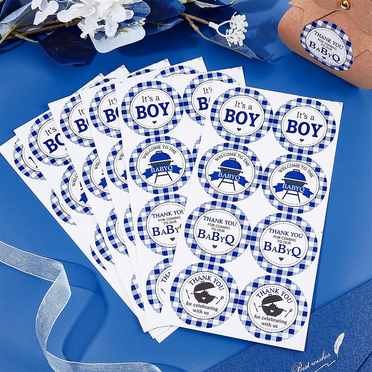 48PCS Baby Q Stickers, BBQ Baby Shower Decorations, Baby Que Baby Shower Stickers Party Favors Baby Q Thank You Stickers Blue Boy Baby Shower