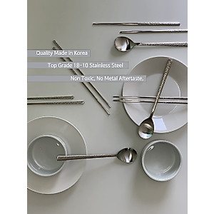 cozymomdeco Korean Made Silver Glossy Hammered Stainless Steel Korean Spoon & Chopstick SET (2SET)