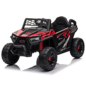 TOBBI 12V Kids Ride on Car, Electric Off-Road UTV Truck with Forward and Reverse Functions, Double Open Doors, Safety Belt, Horn, Music, and Lights for Kids Aged 3-5 Years (Red)