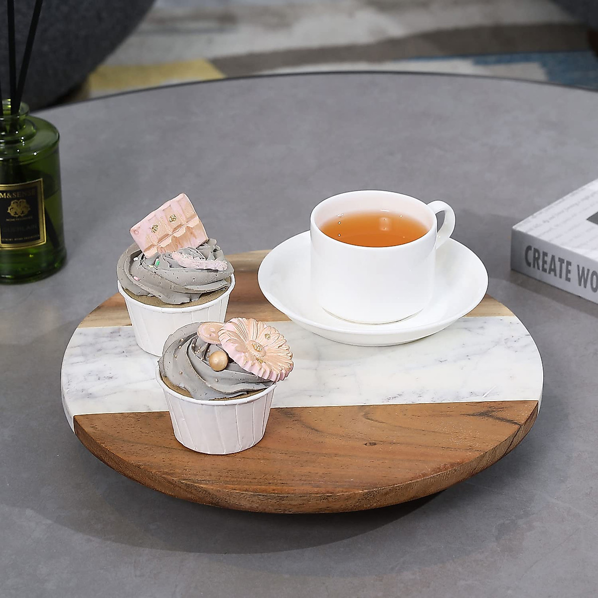 MyGift 11 Inch Deluxe Acacia Wood with White Marble Accent Lazy Susan Serving Tray - 360 Degree Rotating Spice and Condiment Display Turntable - Handcrafted in India