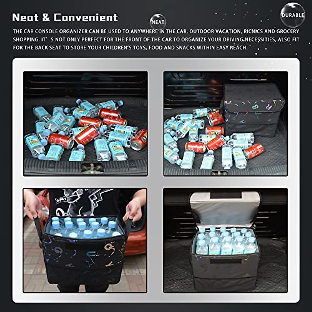 SHIYUMAN Insulated Car Trunk Organizer by Travel Car Cooler Box for Hot Or Cold Food, Multipurpose Collapsible Shopping, Picnics And Camping,Car Console Organizer Fits Most Vehicles(Letter)