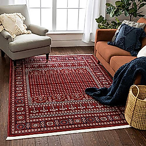Well Woven Aldo Crimson Red & Blue Bokhara Tribal Area Rug 5x7 (5'3" x 7'3")