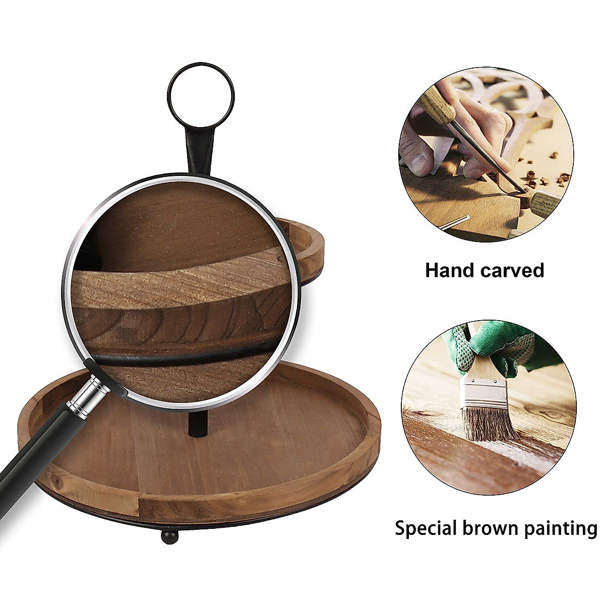 GENMOUS & CO. Farmhouse Tiered Tray Decor with Distressed Wood Bead Garland, Decorative 2 Tiered Serving Tray with Metal Handle for Rustic Home Décor