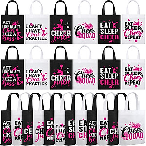 Buryeah 24 Pcs Cheer Bag Cheerleaders Bulk Cheerleading Gift Goodie Snack Treat Bag Non Woven Eat Sleep Cheer Bag for Girls(Black, White)
