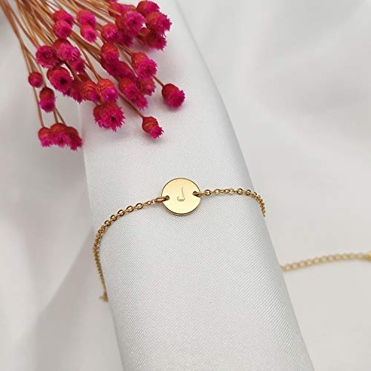 Ovian Initial Charm Bracelet for Women 18K Gold Plated stainless steel Coin Disc Engraved Letter J Bracelet Personalized Monogram Name Bracelet for Girls