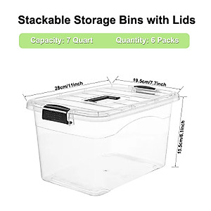 WeiMeet 6 Packs Plastic Storage Bins with Lids and Handle, 7 Quart Storage Organizer Bins with Black Buckle Lids Stackable Storage Container Clear Plastic Latching Box for Storage Organizing