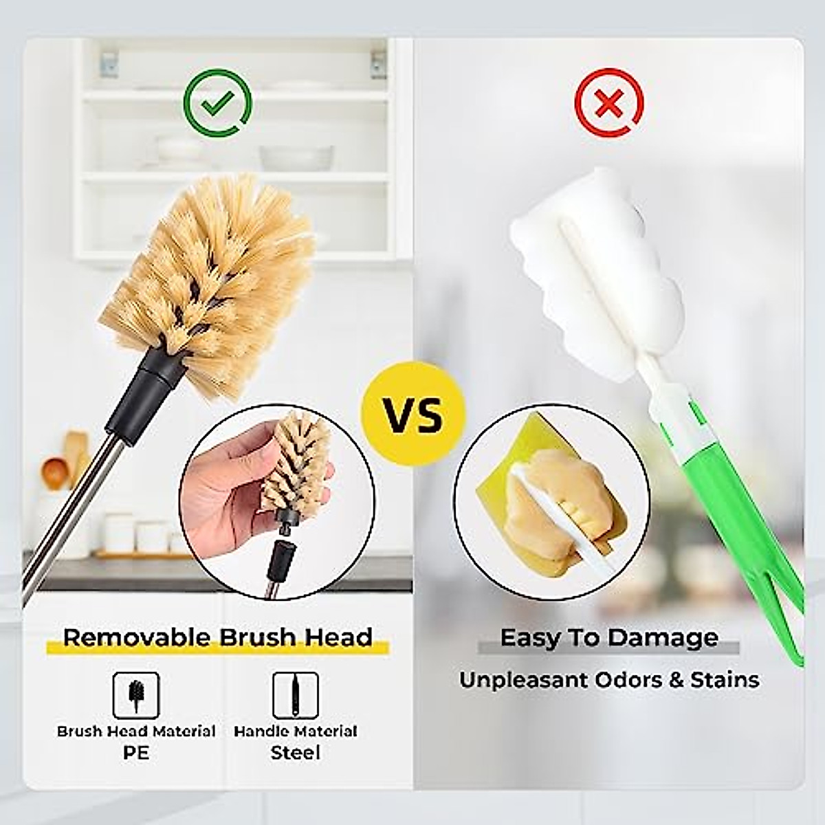 PZLife 2-in-1 Detachable Brush Head Water Bottle Brush & Straw Brush Cleaning Scrubbing Brush 15.3in Stainless Steel Bottle Brush Multi-Function Cleaning Brush Corner Cleaning