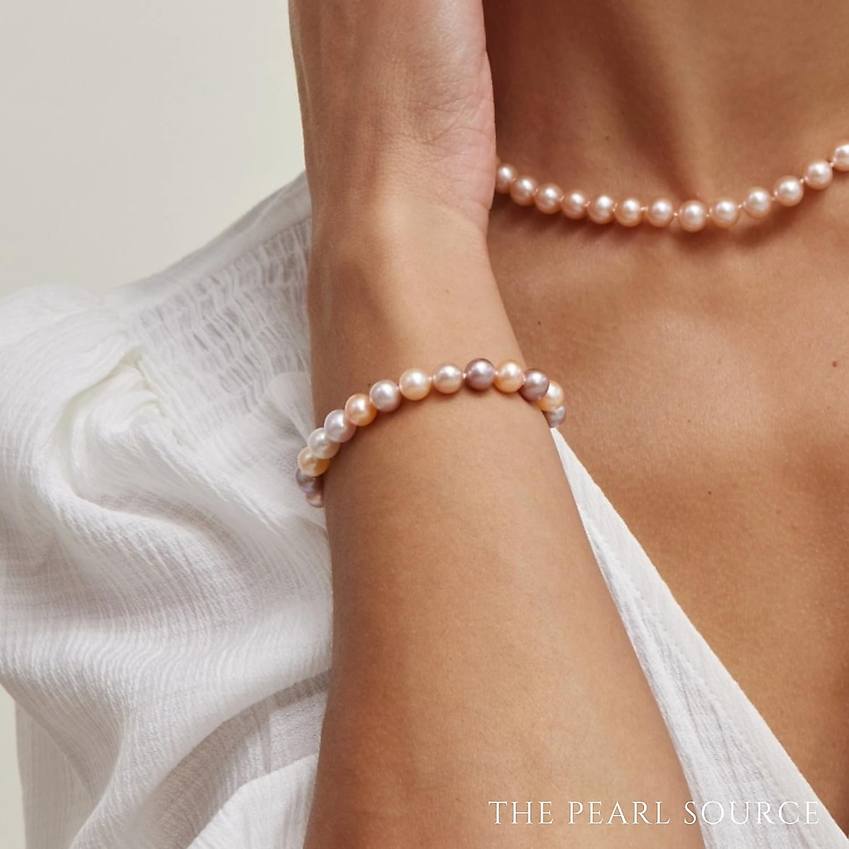 The Pearl Source 14K Gold 7-8mm AAAA Quality Round Multicolor Freshwater Cultured Pearl Bracelet for Women