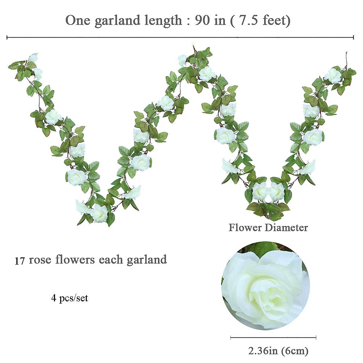 HEBE 4 Pack (29.8 FT) Artificial Rose Vine Flowers Plants Realistic Silk Fake Flowers Garland Hanging Baskets Rose Ivy for Home Ceremony Wedding Arch Garden Indoor Outdoor Decor,Milk White