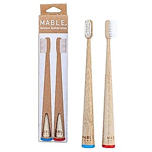 MABLE Bamboo Toothbrush, Adult Two Pack, BPA-Free Soft Bristle Toothbrushes, Eco-Friendly, Compostable Natural Wooden Toothbrush