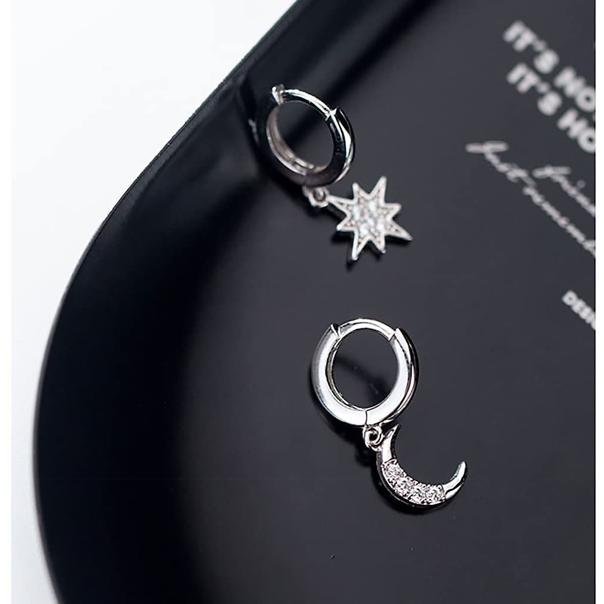 Reffeer Solid 925 Sterling Silver Star Moon Hoop Huggie Earrings Drops for Women Teen Girls Crystal Moon Star Hoop Earrings Dangle (A-Silver)