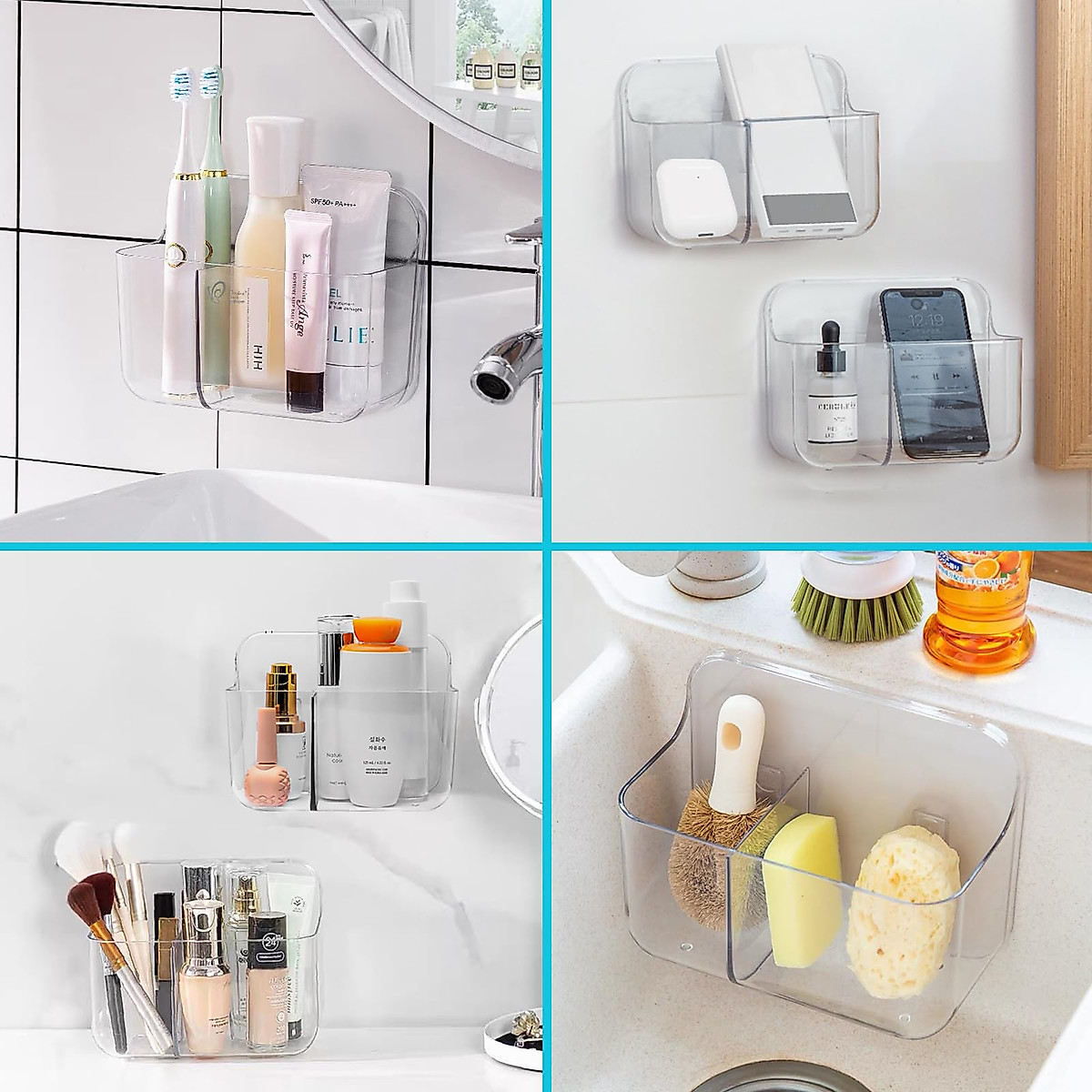 CGBE Plastic Wall Mount Organizer 2-Pack, Clear Cabinet Door Organizer with 2 Compartments, No Drilling Adhesive Acrylic Bathroom Shower Shelf Automatic Draining Transparent Wall Mount Shower