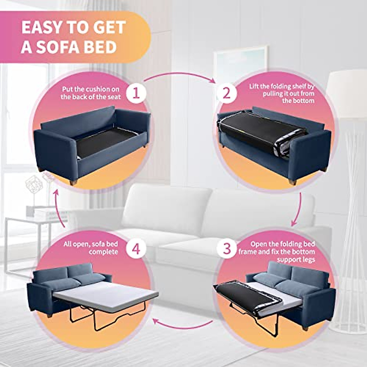 Mixoy Full Size Pull Out Sofa Bed, Velvet Sofa with Pull Out Bed, Sleeper Sofa with Foam Mattress, 2-in-1 Sleeper Couch Bed for Living Room, Apartment, Small Spaces (Blue)