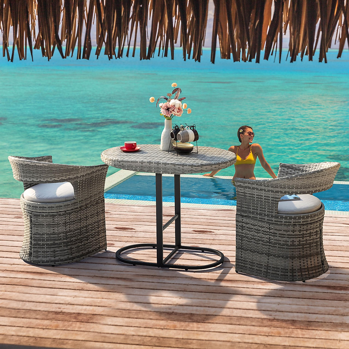 NUU GARDEN 3 Piece Outdoor Patio Bistro Set, Patio Furniture Set for 1 Iron Patio Table and 2 Dining Chairs, Balcony Furniture Patio Table and Chairs Set of 2 with Cushions, for Garden Yard, Gray