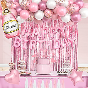 Pink Birthday Party Decorations, Happy Birthday Banner Tablecloth Cake Toppers Fringe Curtain Tassels Pink and White Confetti Foil Balloons for Girls Women Wedding Baby Shower Party Supplies