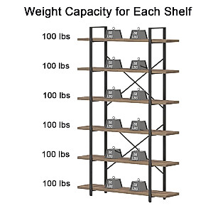 HSH Tall Bookcases and Book Shelves 6 Shelf, Metal Wooden Book Shelf and Storage Rack, Modern Etagere 6 Tier Bookshelf, Farmhouse Large Display Bookshelves for Bedroom Living Room Office, Rustic Oak