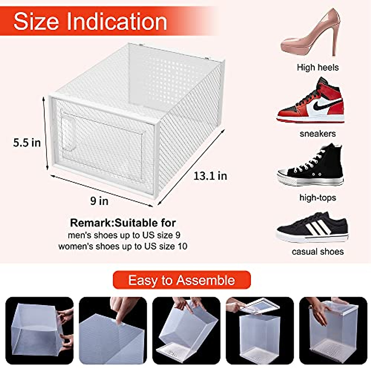 Stackable Shoe Storage Boxes, WAYTRIM 12 Pack Shoe Organizer for Closet Shoe Boxes Clear Plastic Stackable Shoe Bins Space Saving Sneaker Storage Boxes Drop Front Shoe Container Bins Fit to Size 10 - Clear White