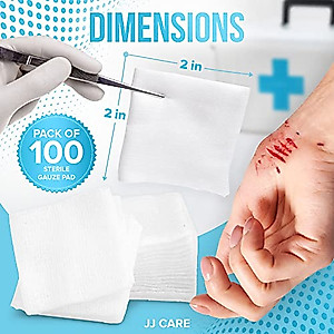 JJ CARE Sterile Gauze Pads 3" x 3" (Pack of 100), 12-Ply Cotton Gauze Pads, Individually-Wrapped Sterile Gauze Sponges, 100% Woven, Non-Stick Medical Gauze Pads for First Aid Kit & Wound Care