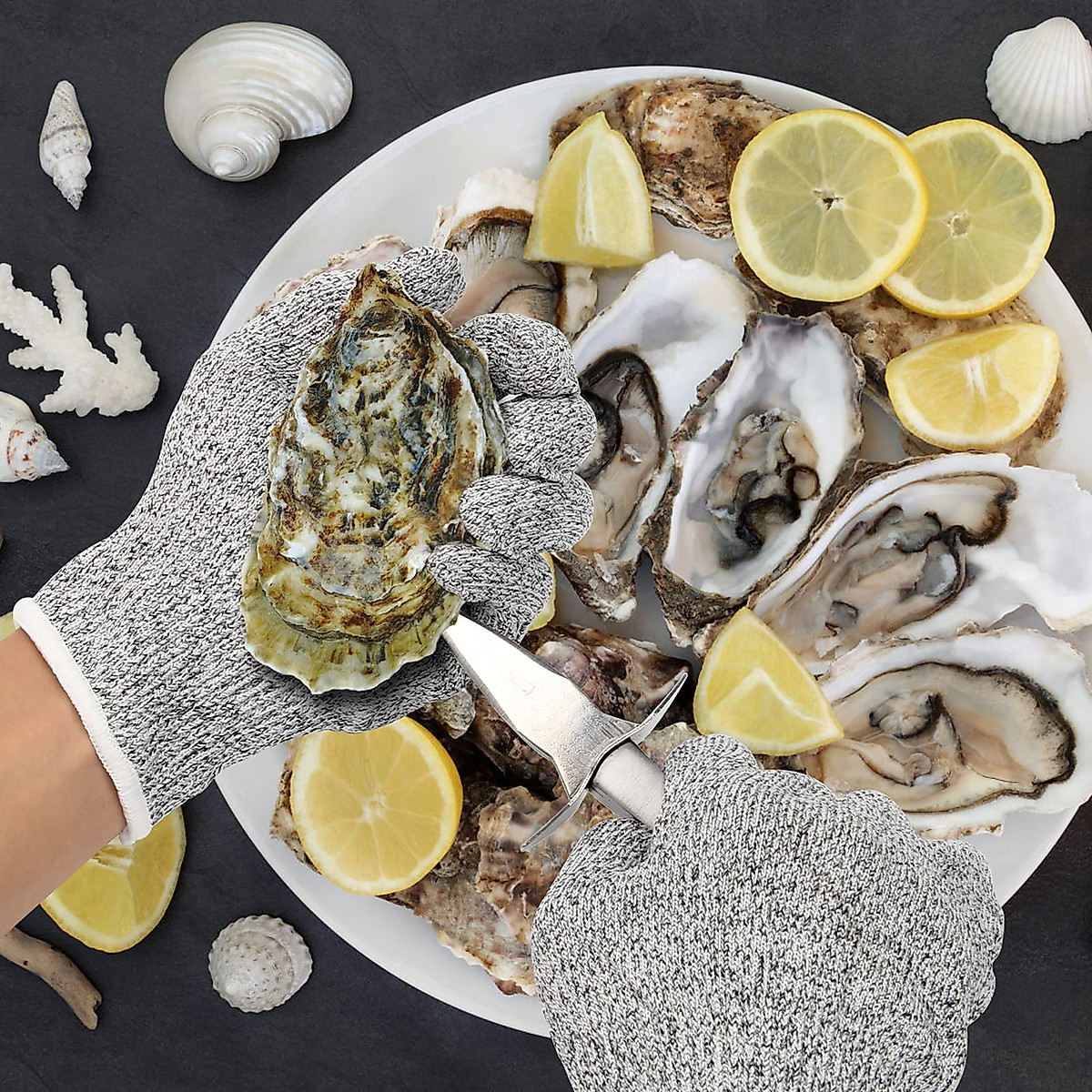 Anglekai Oyster Shucking Knife with 4 Gloves, Shucker Oyster Knife Set of 2 Stainless Steel Oyster Shucker kit with Oyster Shucking Gloves Stab Resistant for Oysters, Ark Shell, Clams