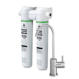 GE Dual Stage Under Sink Water Filtration System with Faucet | Reduces Lead, Chlorine & More | Easy Install | Twist & Lock Design | Replace Filters (FQK2J) Every 6 Months | GXK255TBN,White (Pack of 1)