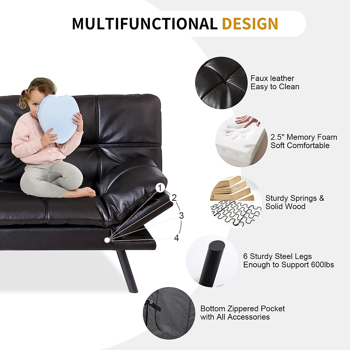 Futon Sofa Couch Bed,Convertible Memory Foam Modern Faux Leather Adjustable Backrest Armrests Sleeper Love Seat for Living Room,Office,Apartment,Small Space,71" Black