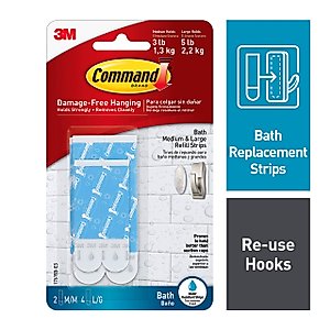Command Bath Water-Resistant Adhesive Refill Strips, Re-Hang Medium and Large Bath Hooks or Caddies, 2 Medium Strips, 4 Large Strips